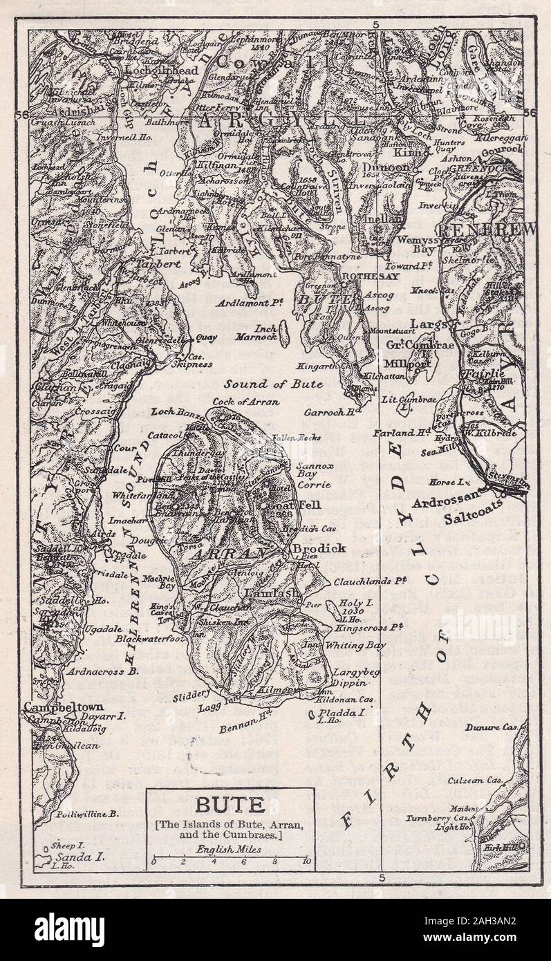 Vintage map of Bute - The Islands of Bute, Arran and the Cumbraes Stock ...