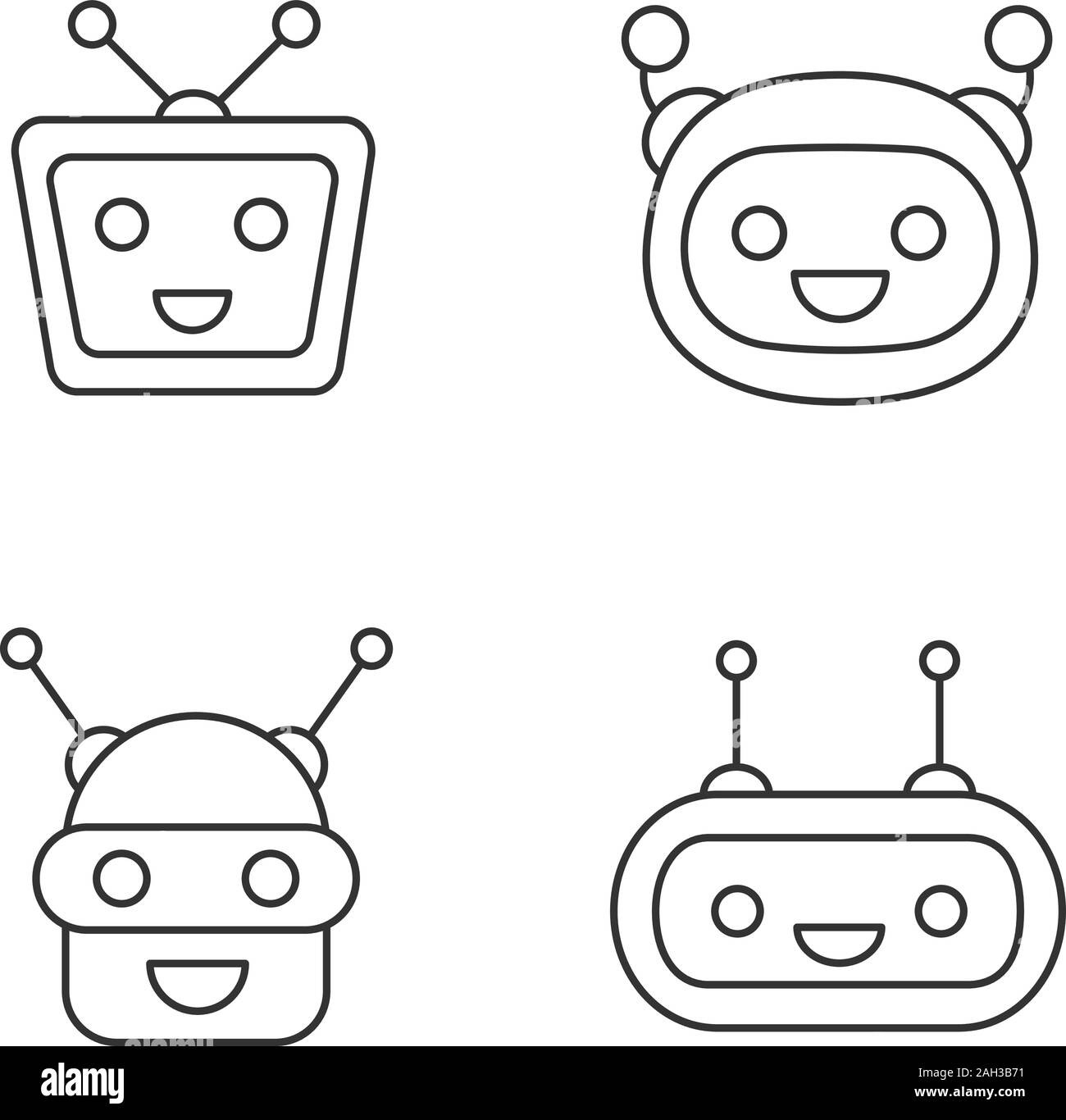 Chatbots linear icons set. Laughing virtual assistants collection ...