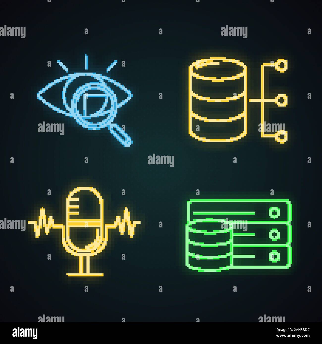 Machine Learning Neon Light Icons Set Retina Scan Relational Database Voice Recognition 2852