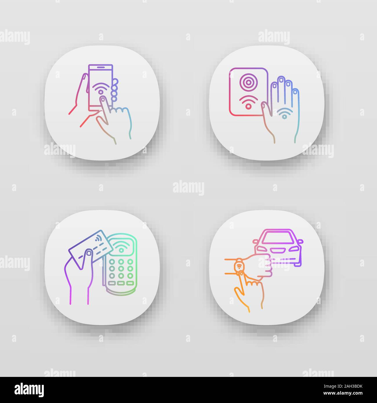 NFC technology app icons set. Near field smartphone, car and bracelet ...