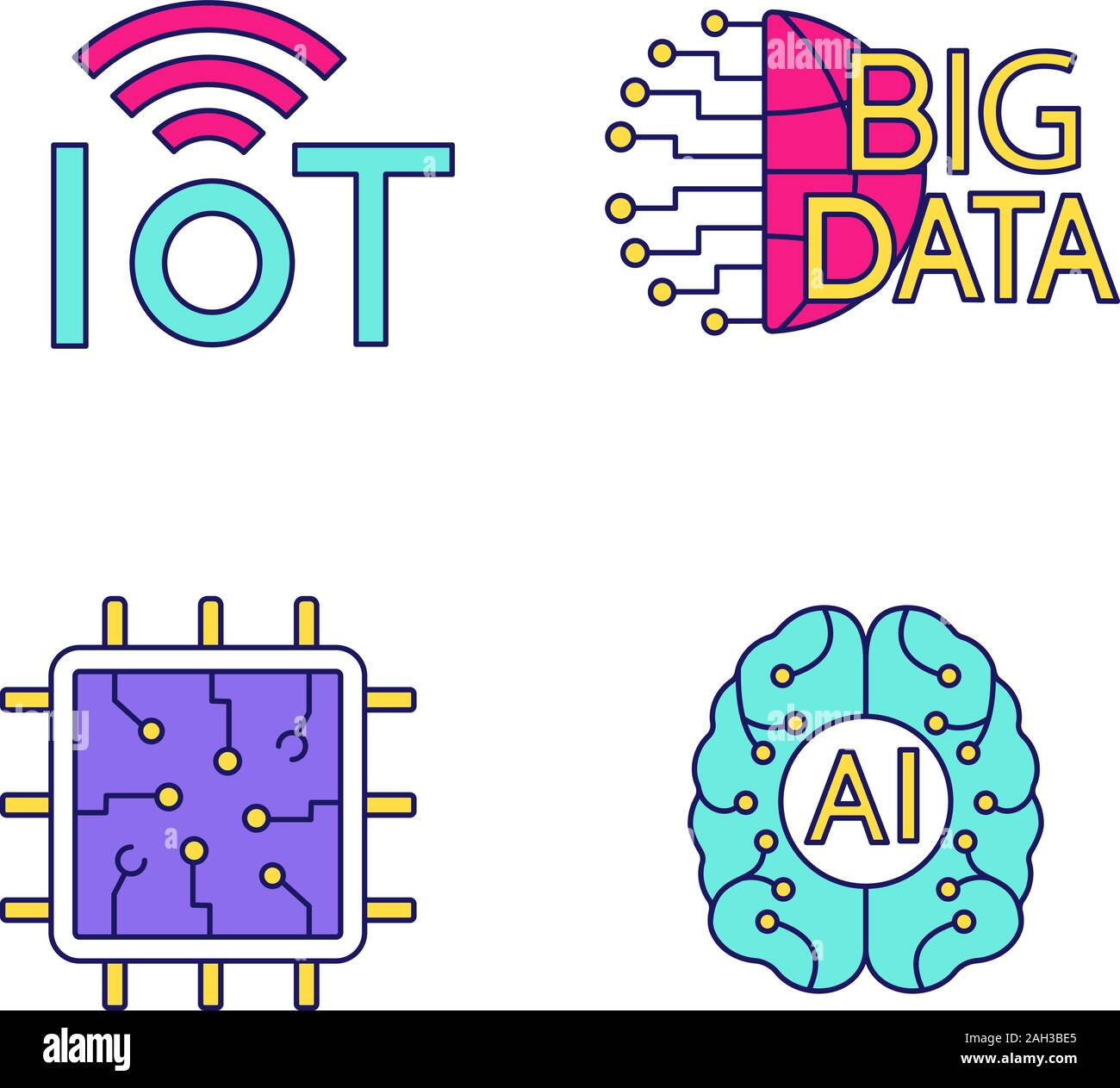 Artificial intelligence color icons set. Neural network ...