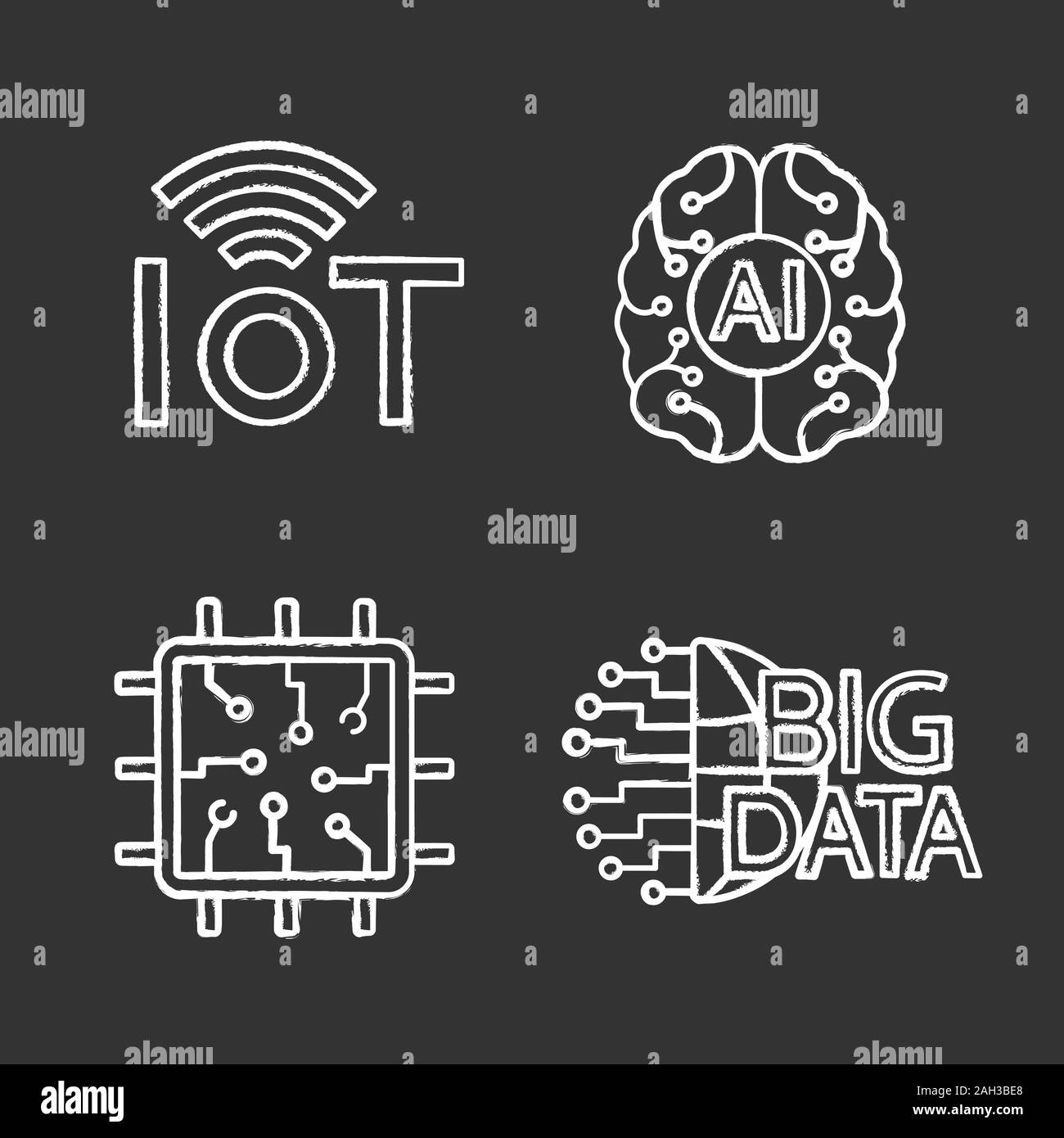 Artificial intelligence chalk icons set. Neural network ...