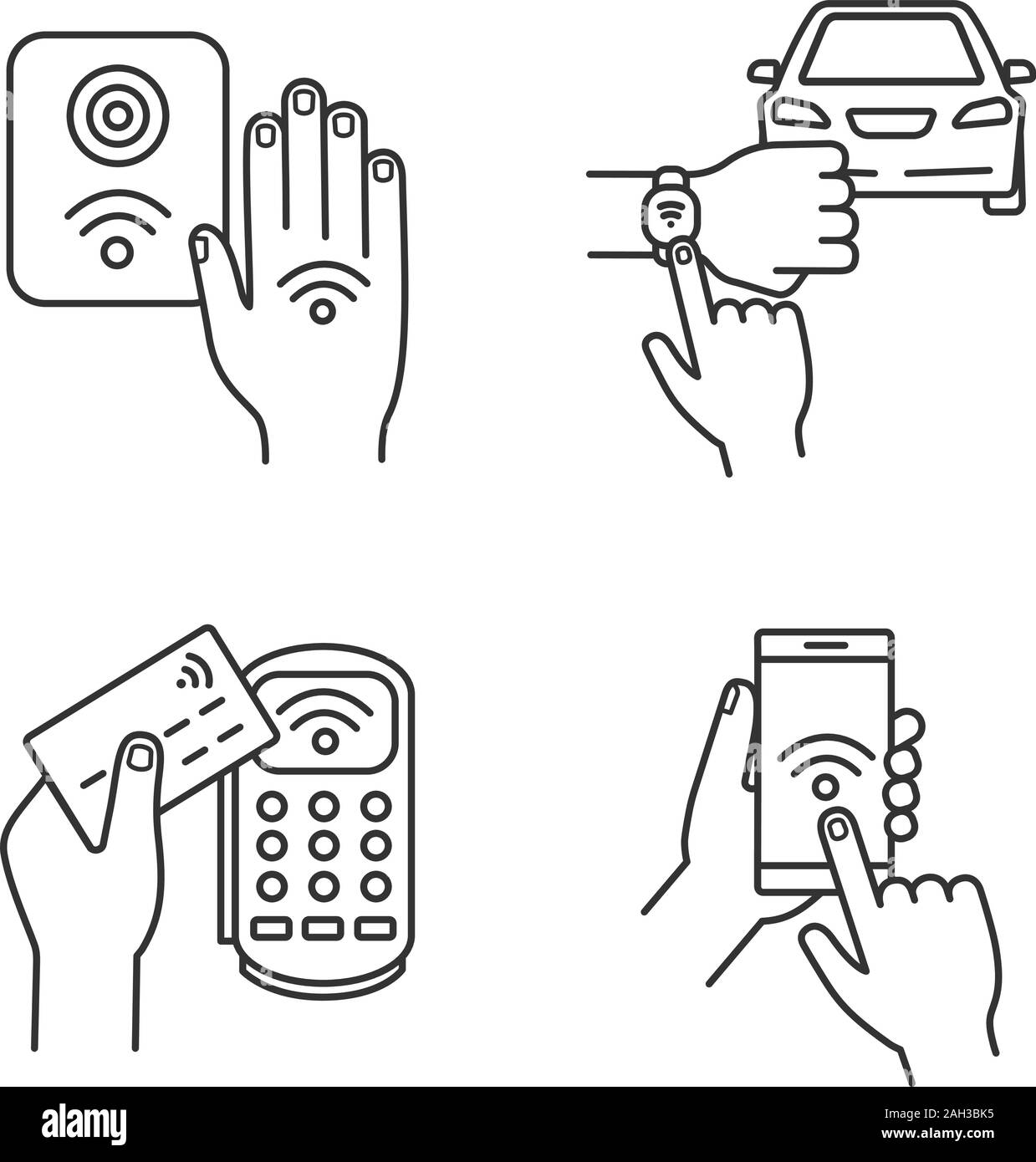 NFC technology linear icons set. Near field smartphone, car and ...