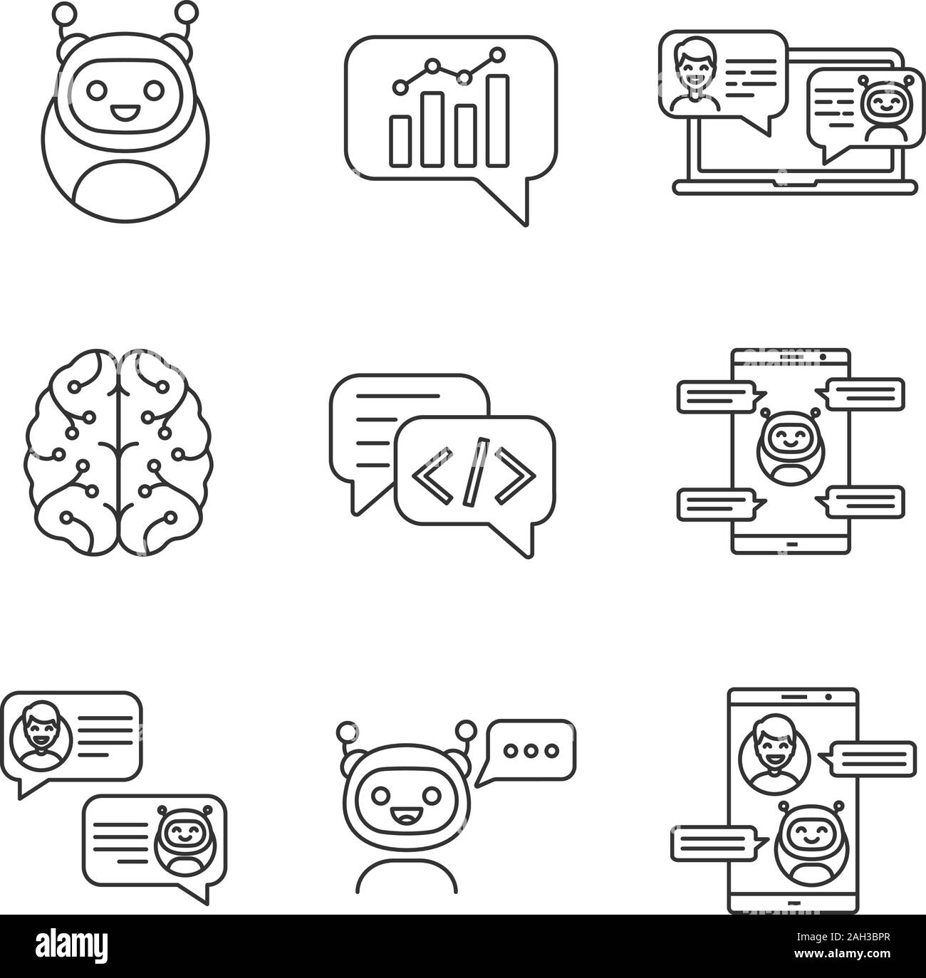 Chatbots linear icons set. Thin line contour symbols. Graph, support ...