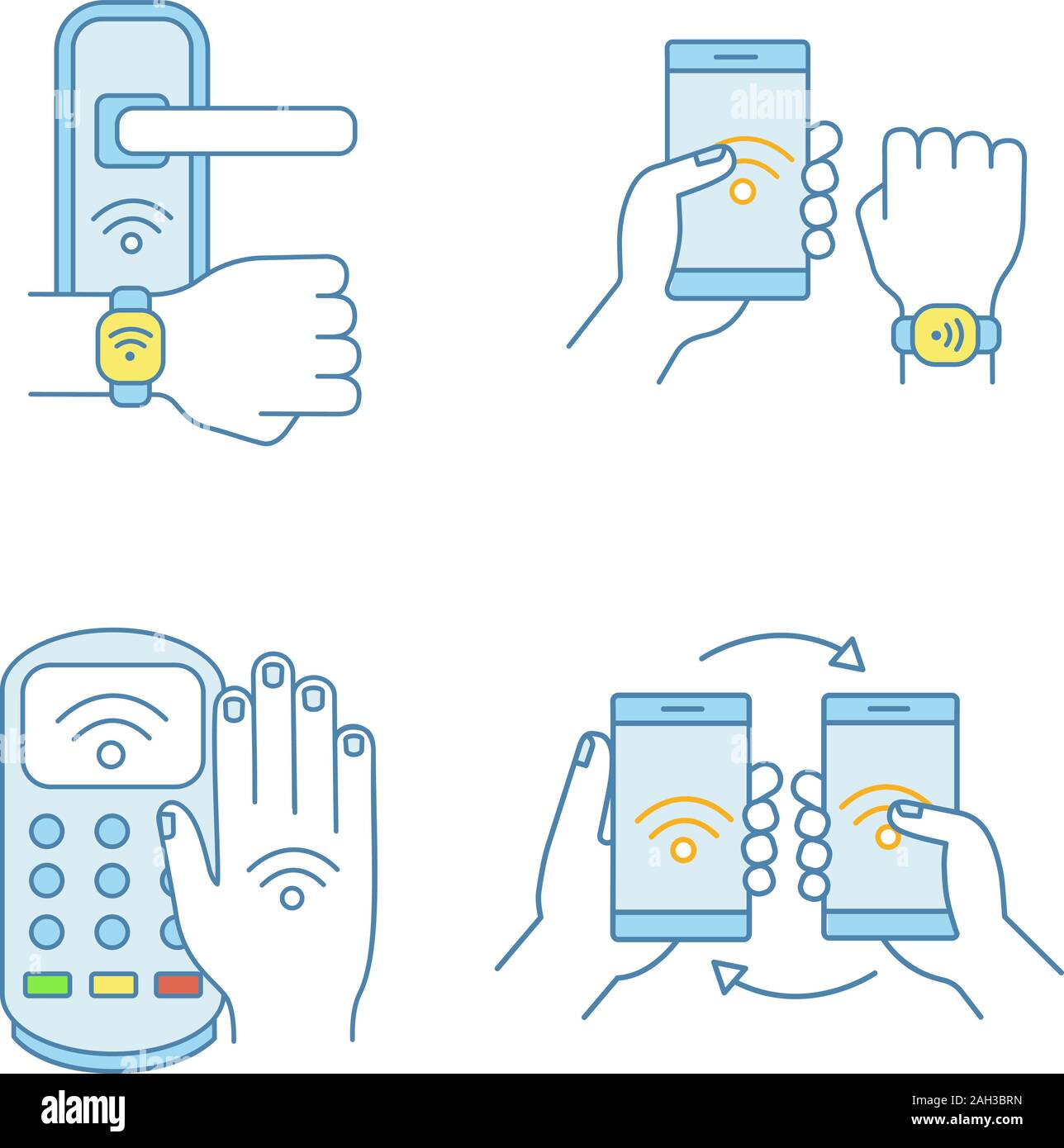 NFC technology color icons set. Near field door lock, bracelet, payment ...