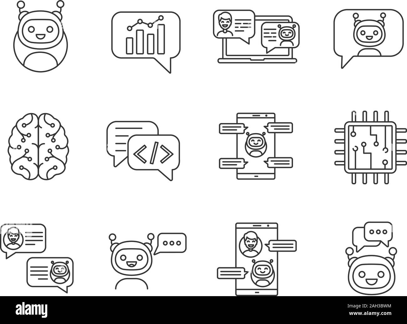 Chatbot linear icons set. Thin line contour symbols. Chat bots. Talkbot ...