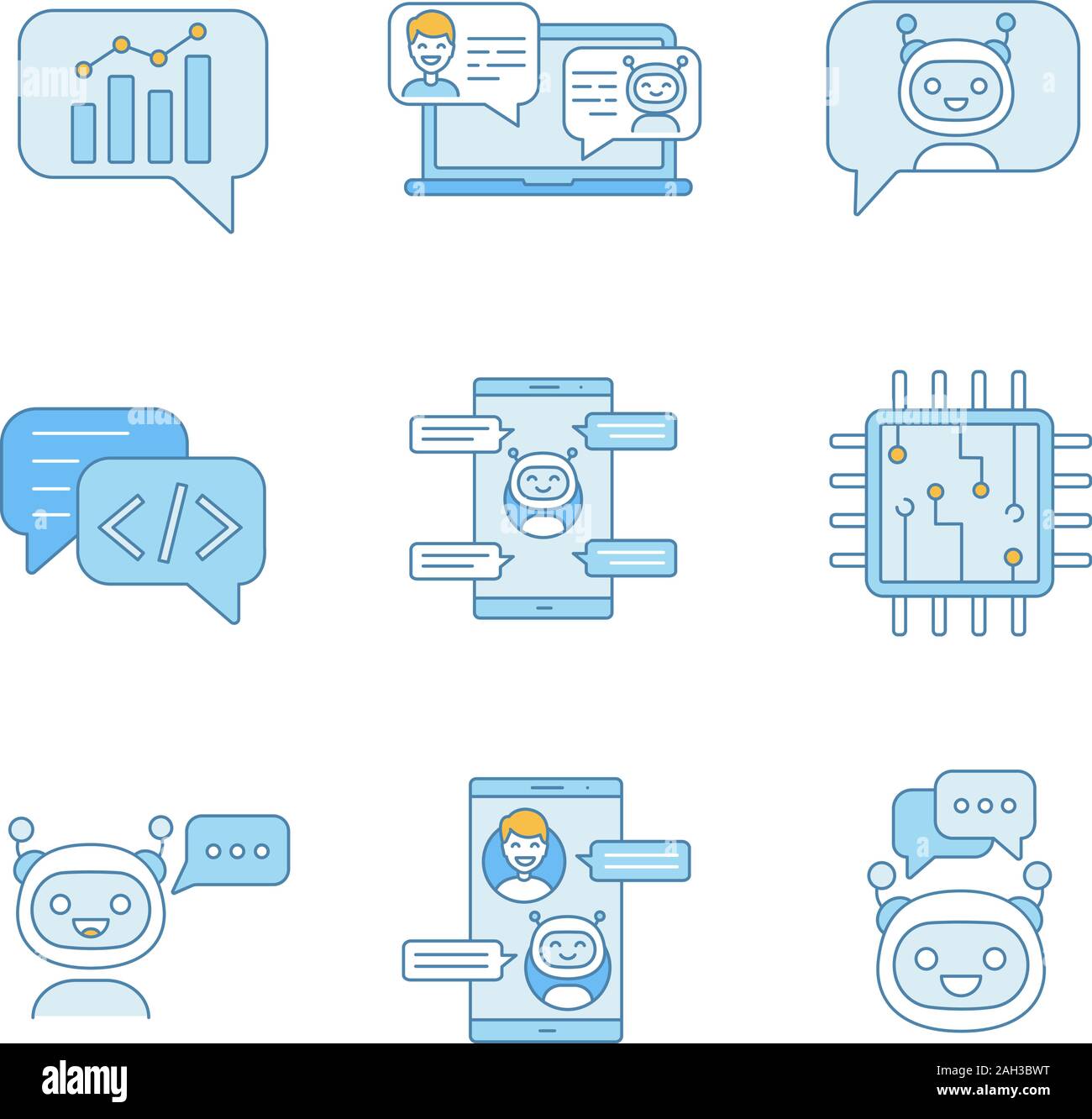 Chatbots color icons set. Talkbots. Graph, support, code, messenger ...