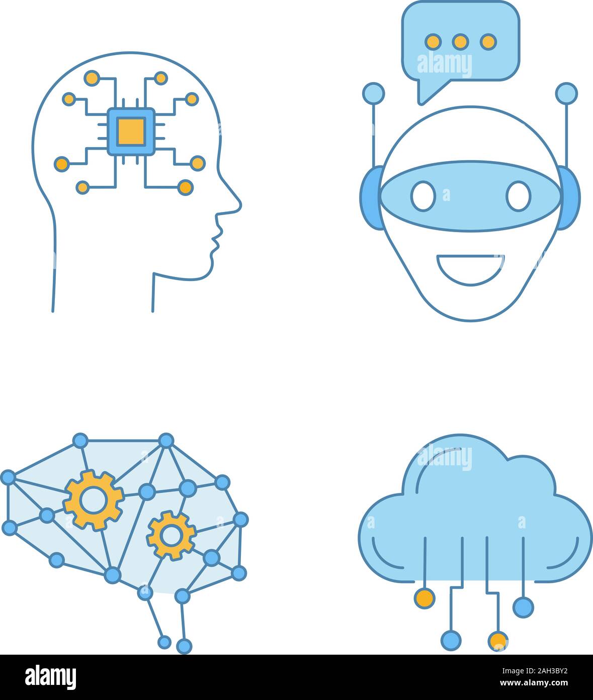 Artificial intelligence color icons set. Neural network Neurotechnology. Chat bot, ai, digital ...