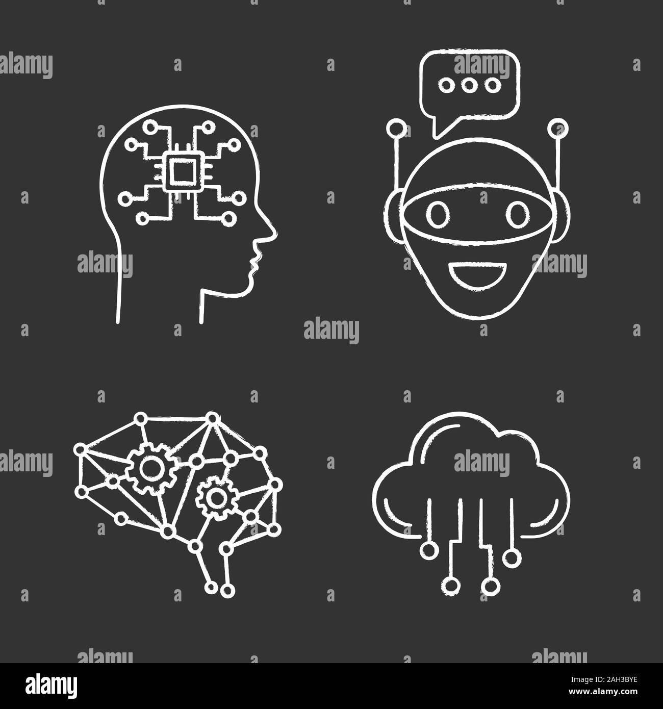 Artificial intelligence chalk icons set. Neural network Neurotechnology. Chat bot, AI, digital ...