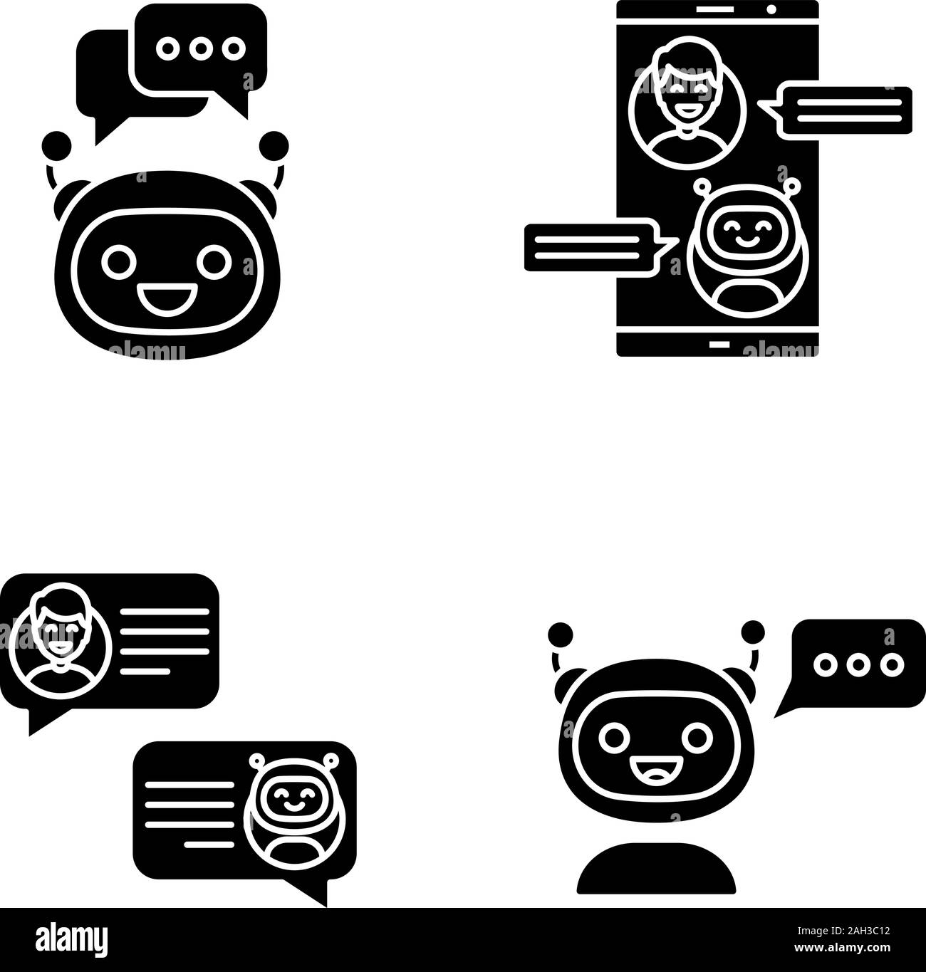 Chatbots glyph icons set. Silhouette symbols. Virtual assistants ...