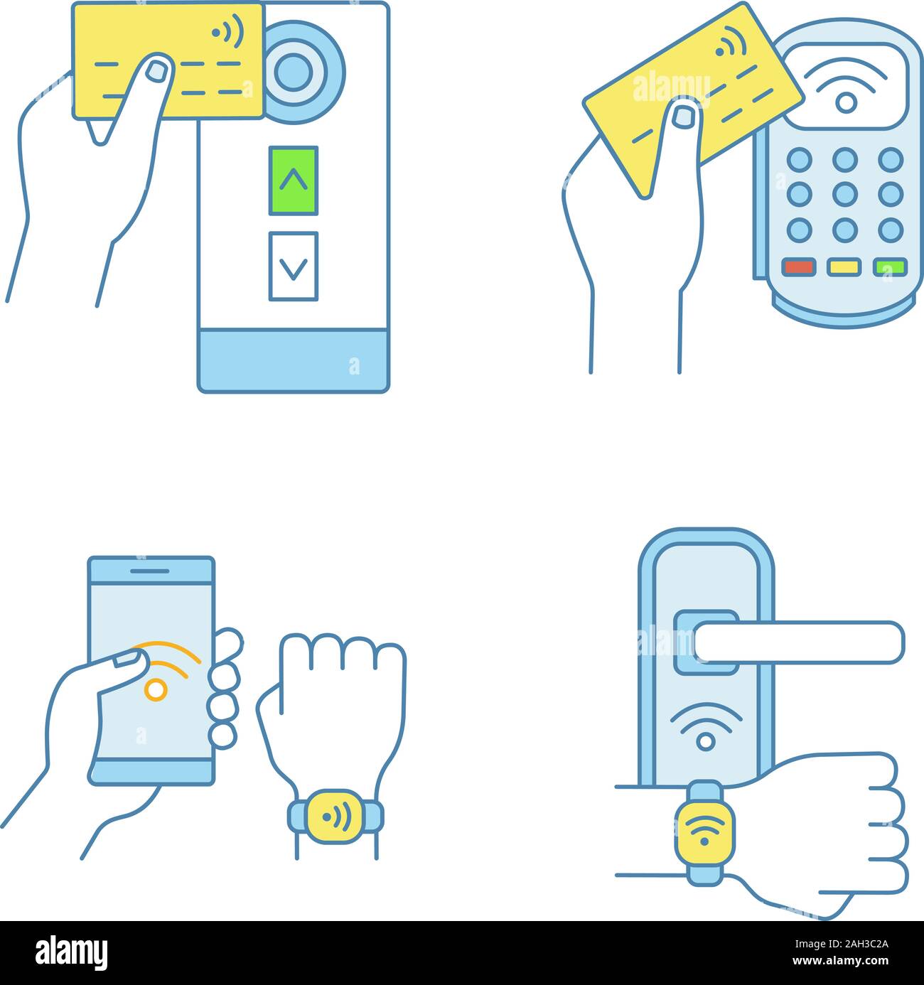 NFC technology color icons set. Near field credit card reader, payment ...