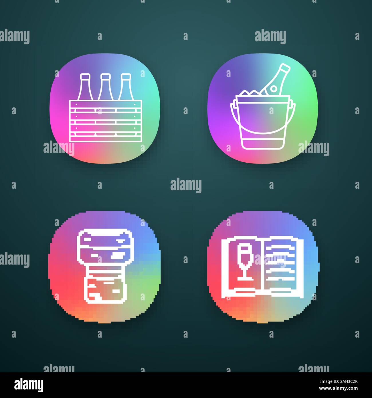 Alcohol app icons set. Bar. Wine. Beer case, champagne bucket, cork ...