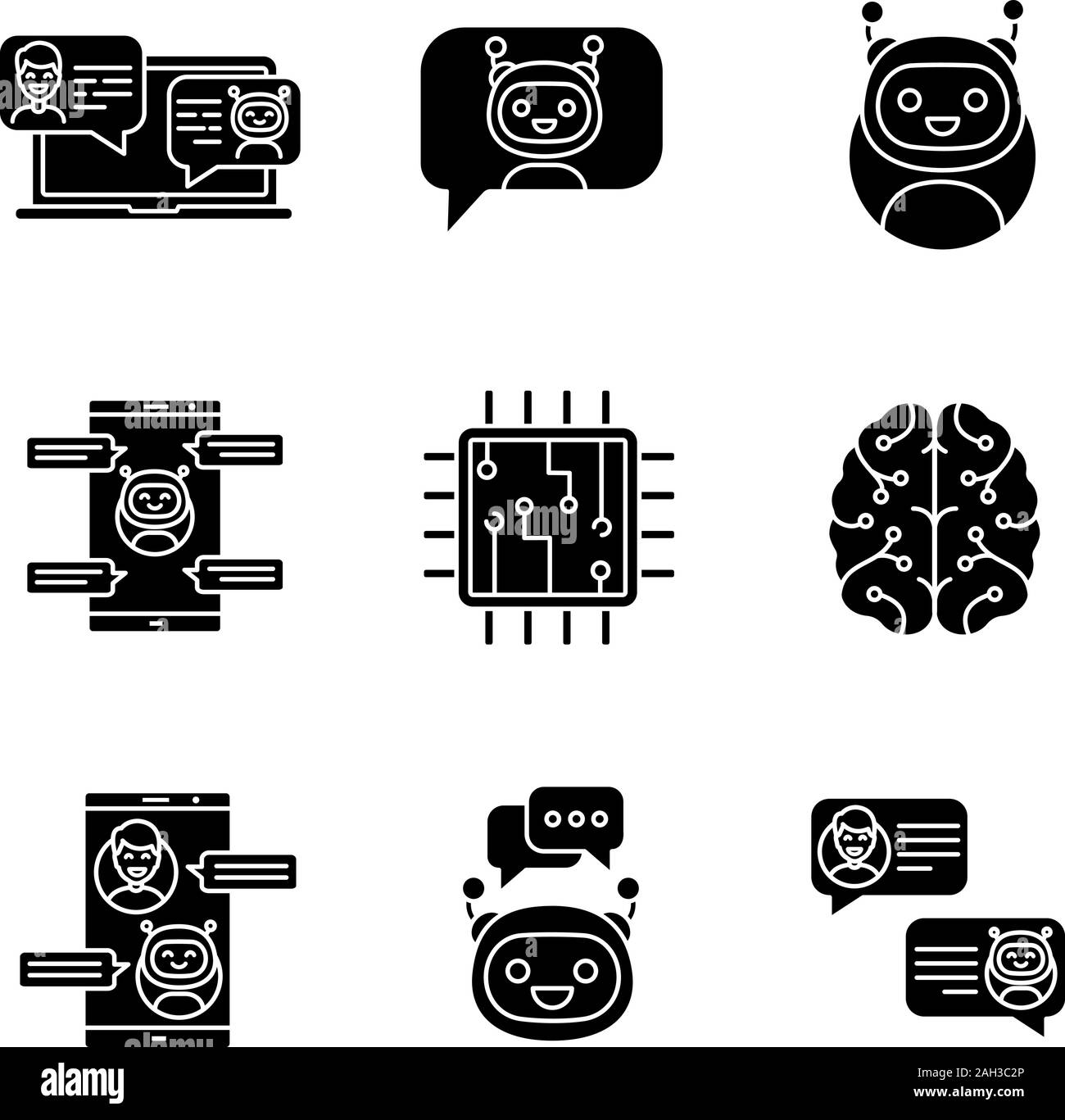 Chatbots glyph icons set. Silhouette symbols. Talkbots. Support service ...