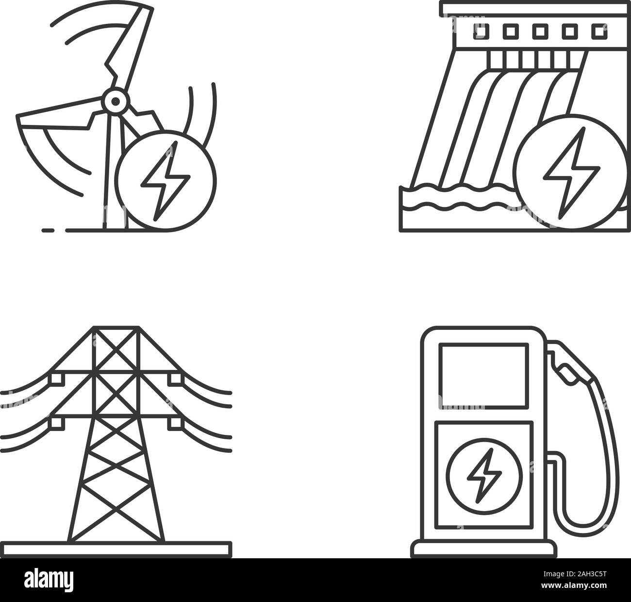 Electric power industry linear icons set. High voltage electric line ...