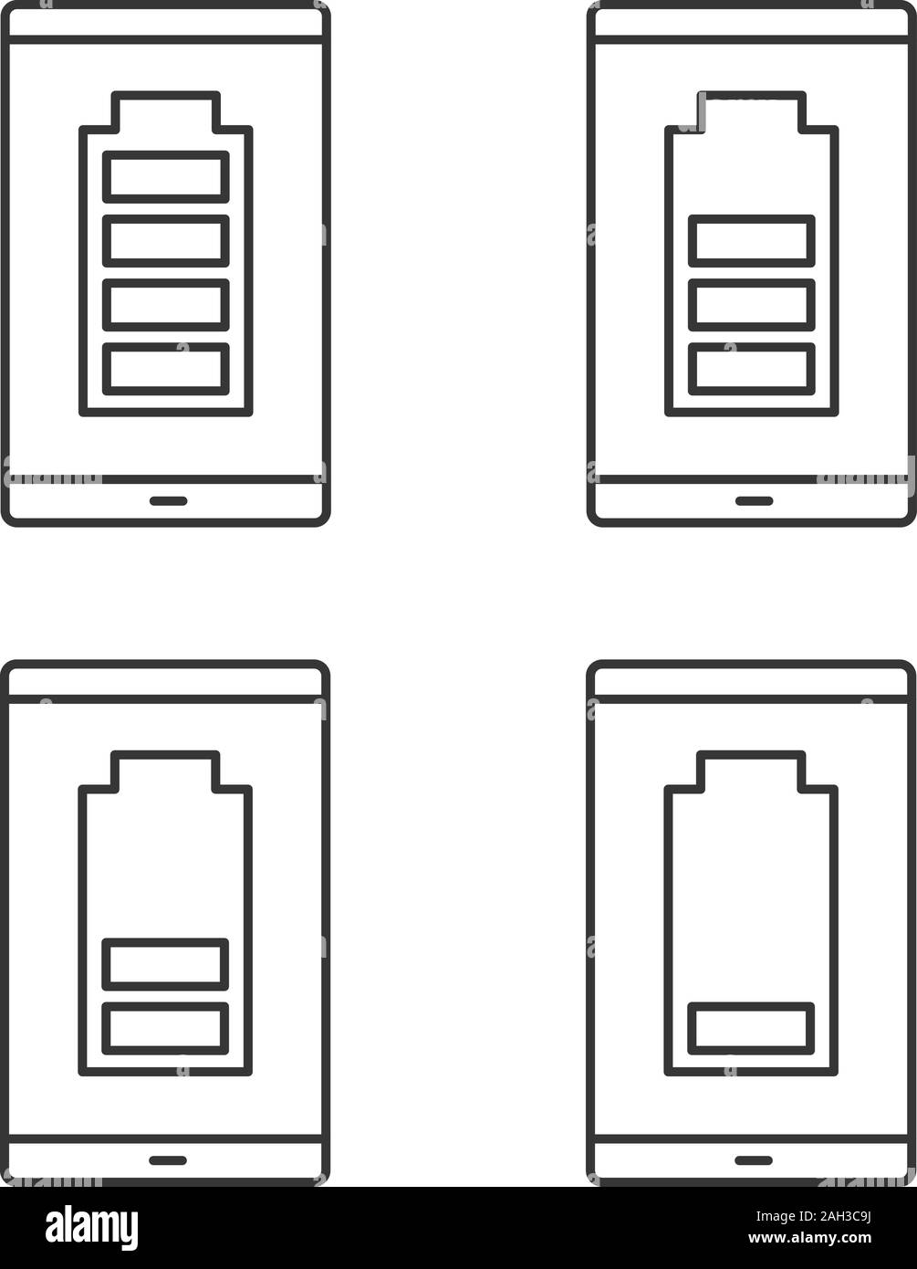 Smartphone battery charging linear icons set. Mobile phone battery ...