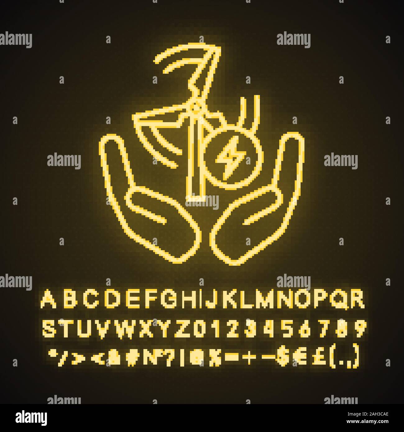 Wind energy turbine in hands neon light icon. Clean energy. Renewable ...
