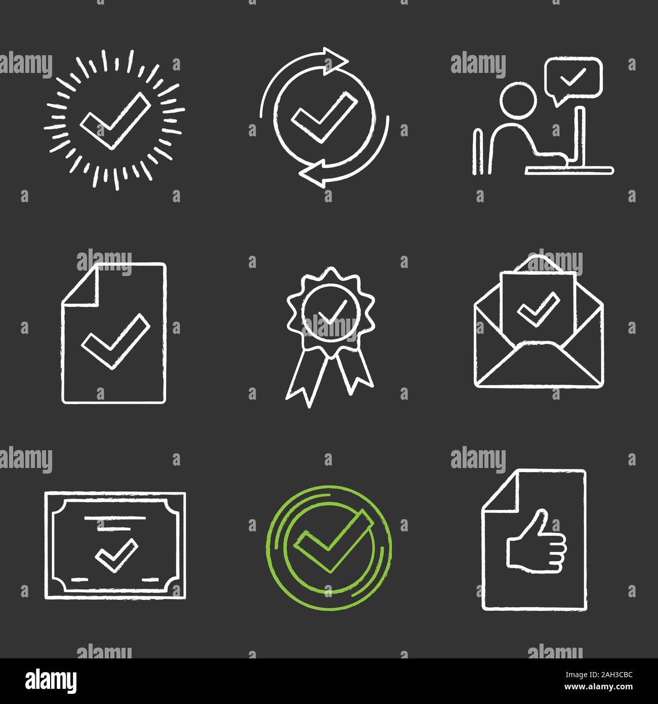 Approve chalk icons set. Check mark, testing, approved chat, document ...