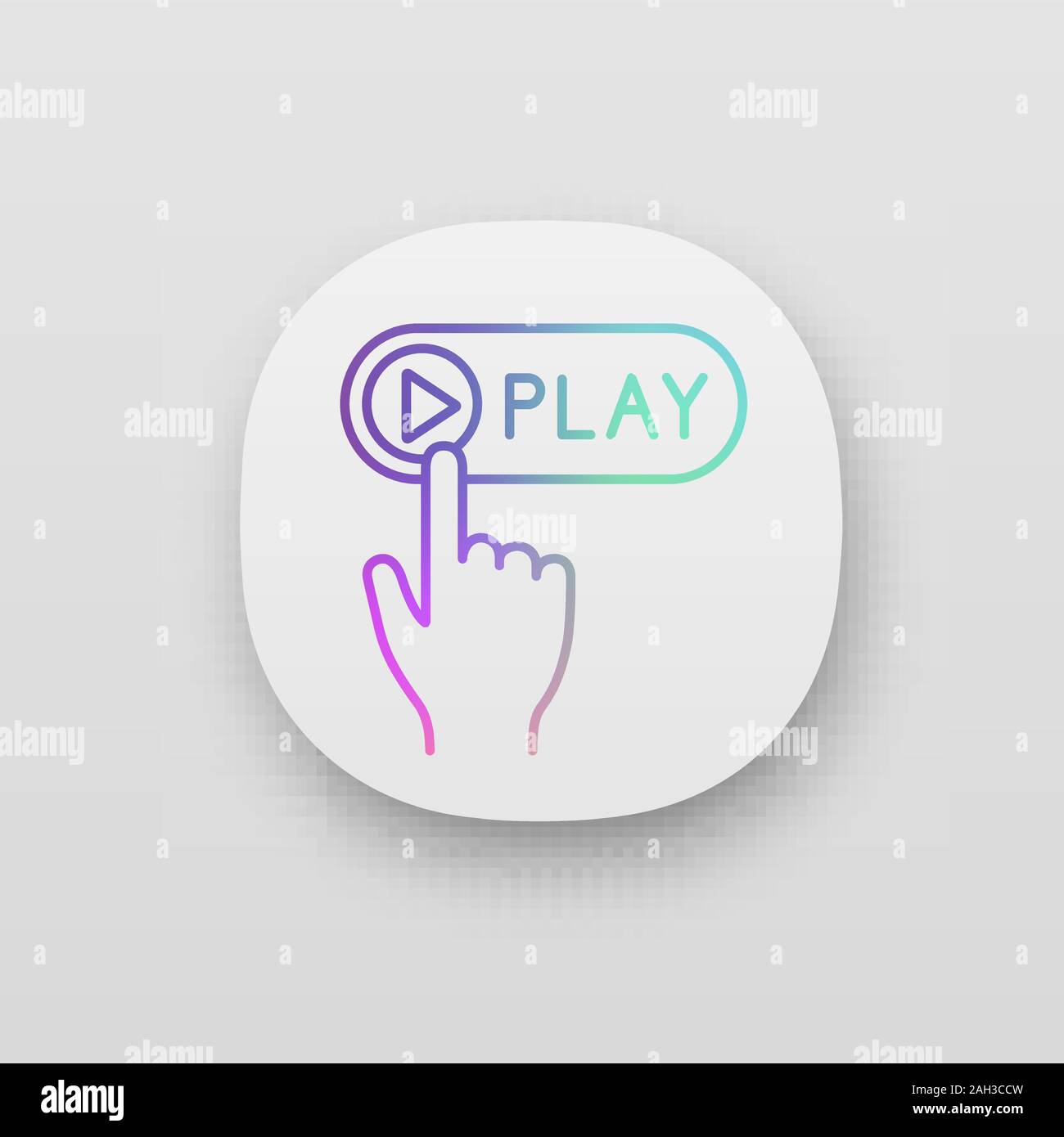 Play button click app icon. UI/UX user interface. Multimedia player. Start, launch. Hand pushing ...