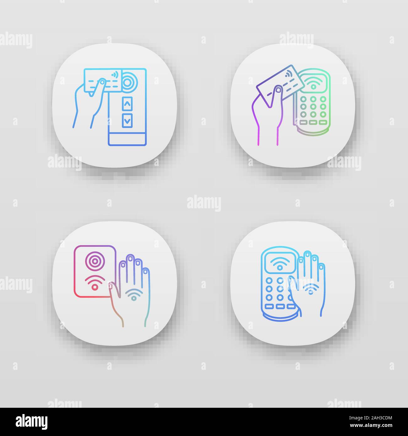 NFC technology app icons set. Near field access control, credit card reader, payment terminal ...