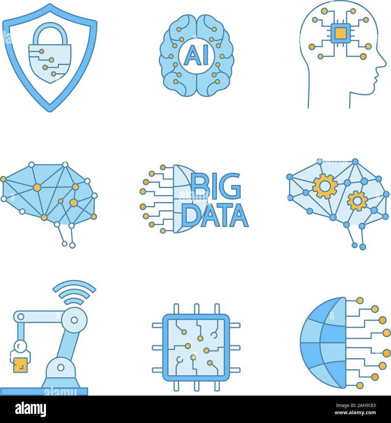 Artificial intelligence color icons set. Neurotechnology. Cybersecurity ...