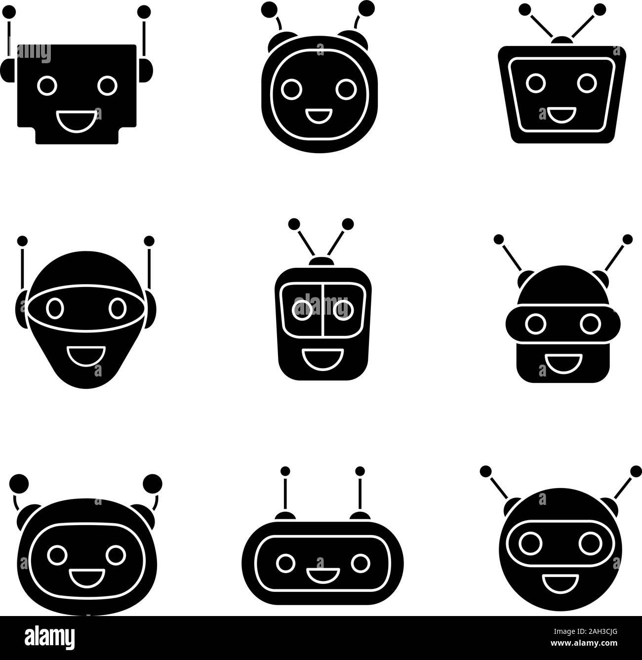 Chatbots glyph icons set. Silhouette symbols. Modern robots emojis ...