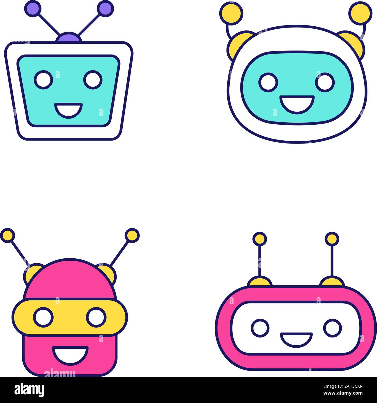 Chatbots color icons set. Talkbots. Laughing virtual assistants ...