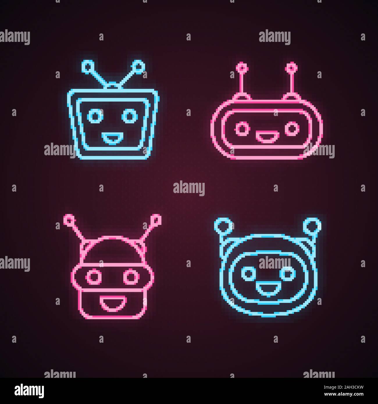 Chatbots neon light icons set. Talkbots. Laughing virtual assistants ...