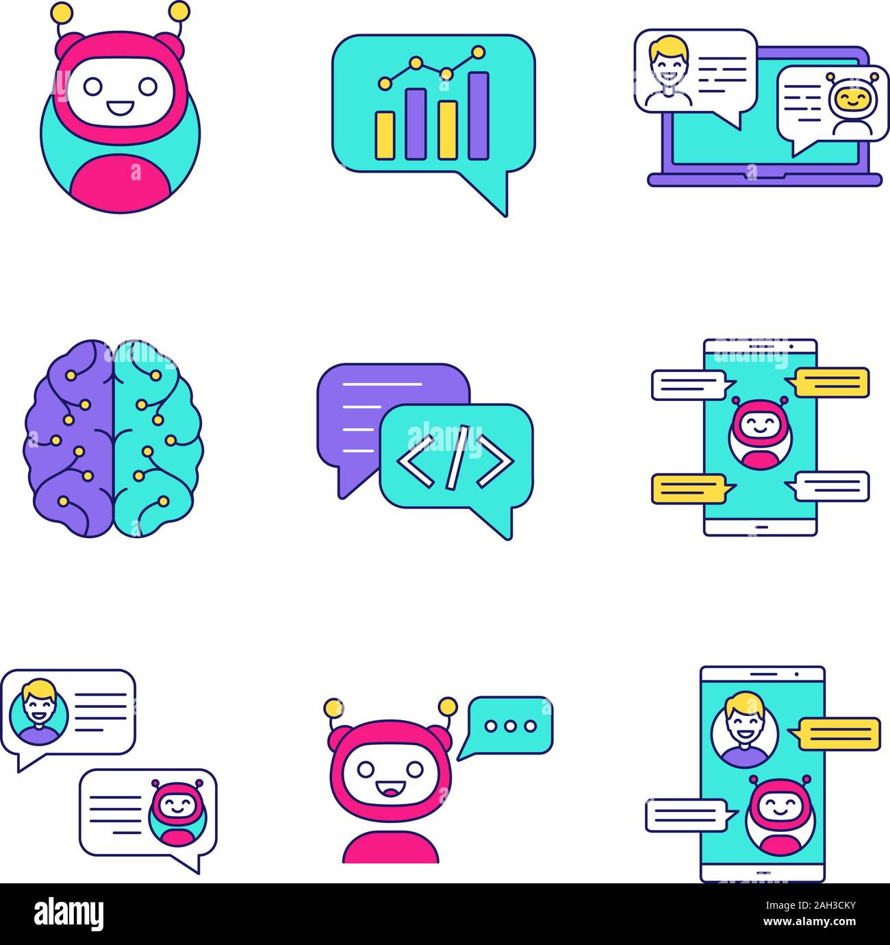 Chatbots color icons set. Talkbots. Graph, support, code, messenger ...