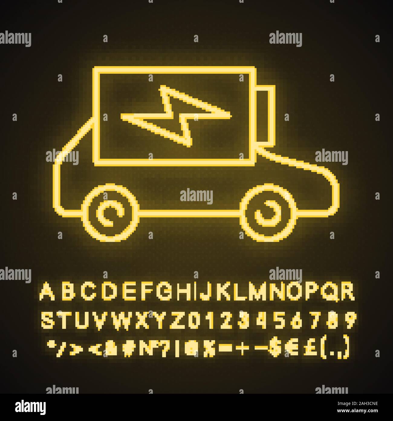 Electric car battery charging neon light icon. Automobile battery level ...