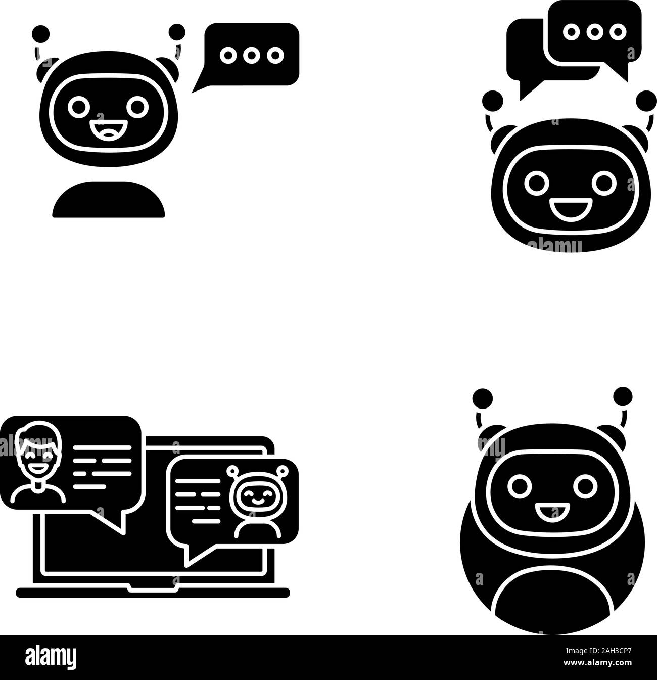 Chatbots glyph icons set. Silhouette symbols. Virtual assistants ...