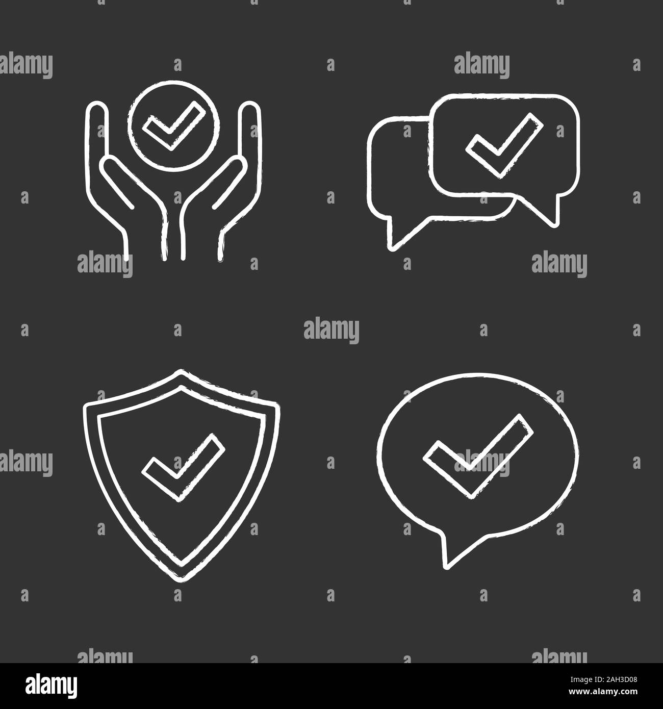 Approve chalk icons set. Verification and validation. Quality service, approved chat ...