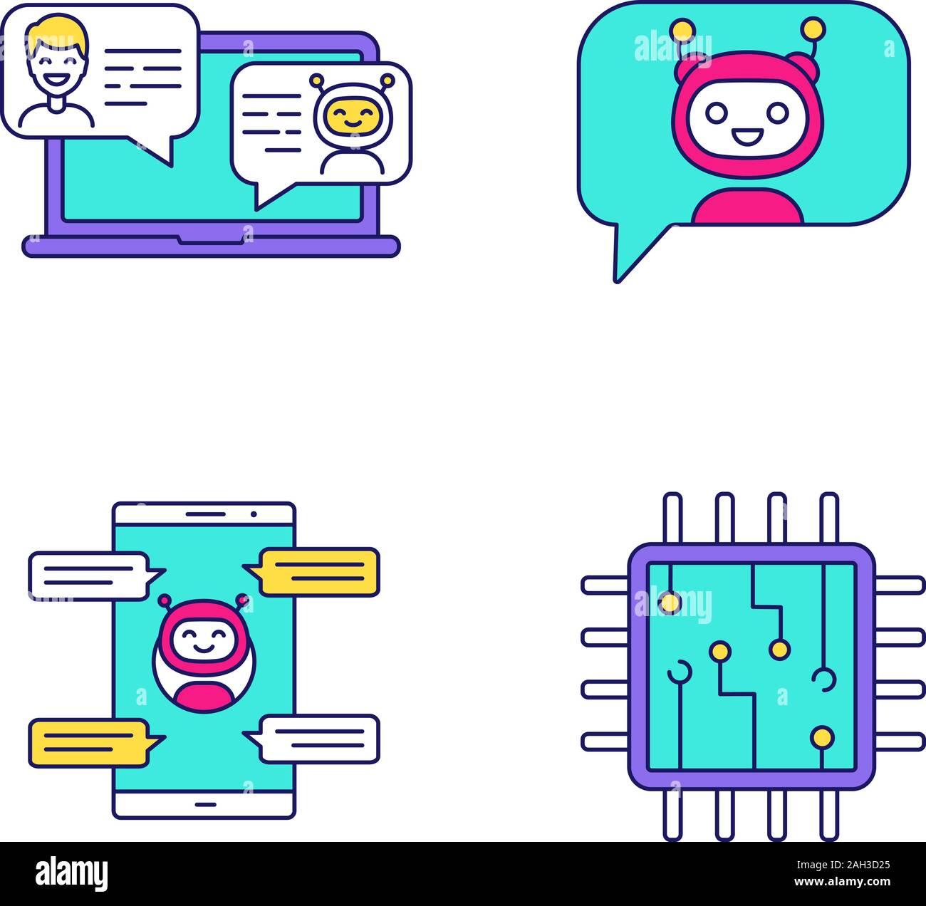 Chatbots Color Icons Set Virtual Assistants Messenger And Chat Bots Processor Modern Robots
