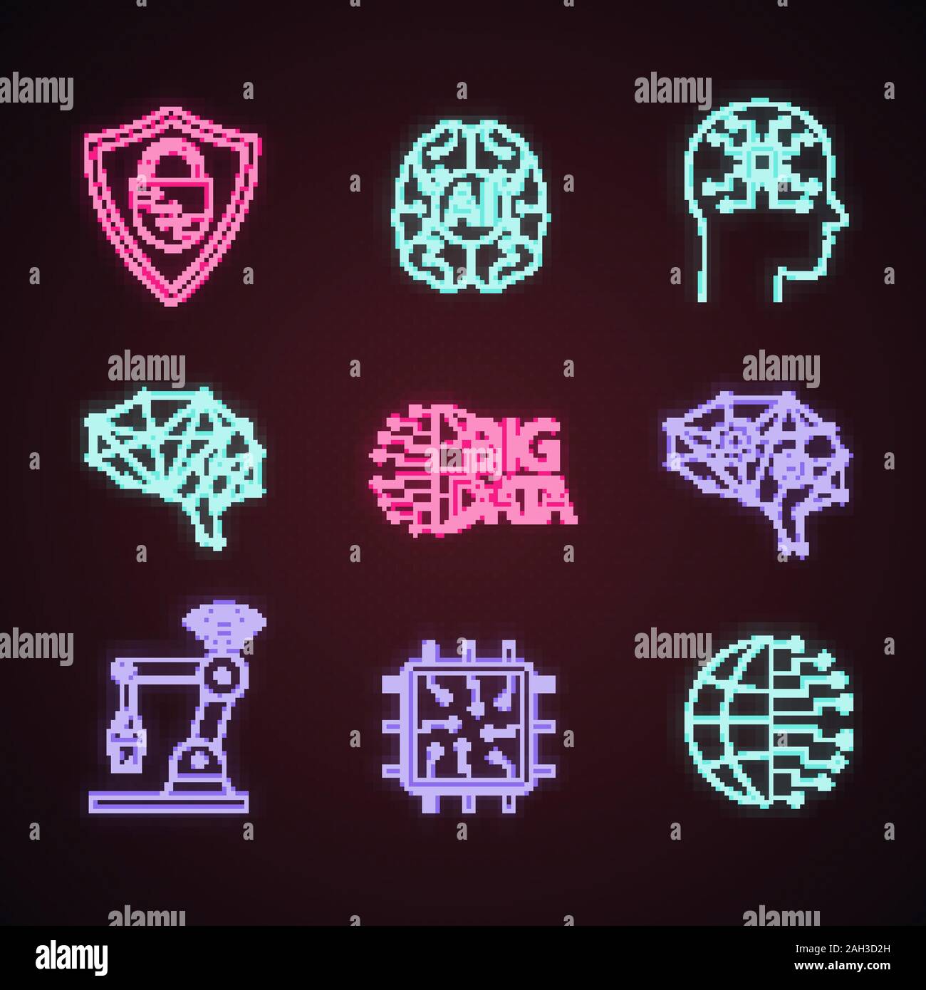 Artificial intelligence neon light icons set. Neurotechnology ...