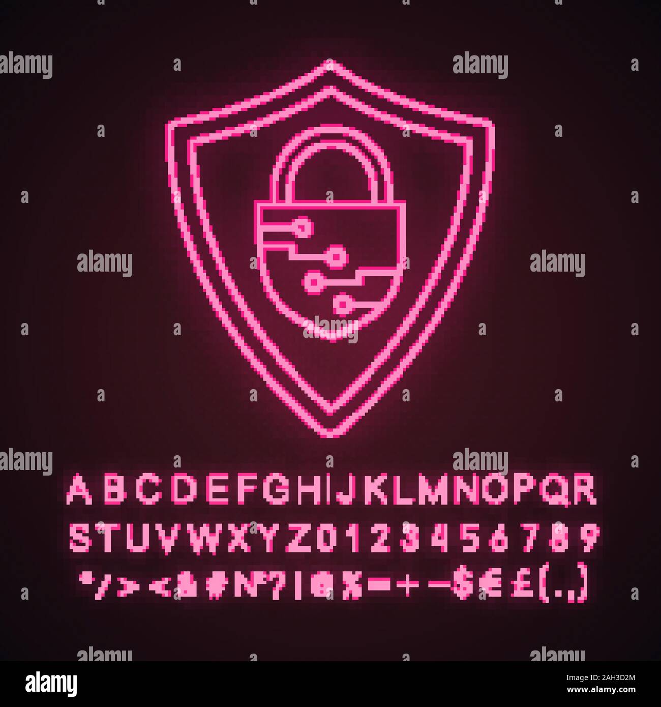 Cybersecurity neon light icon. Safeguard. Shield with closed padlock ...