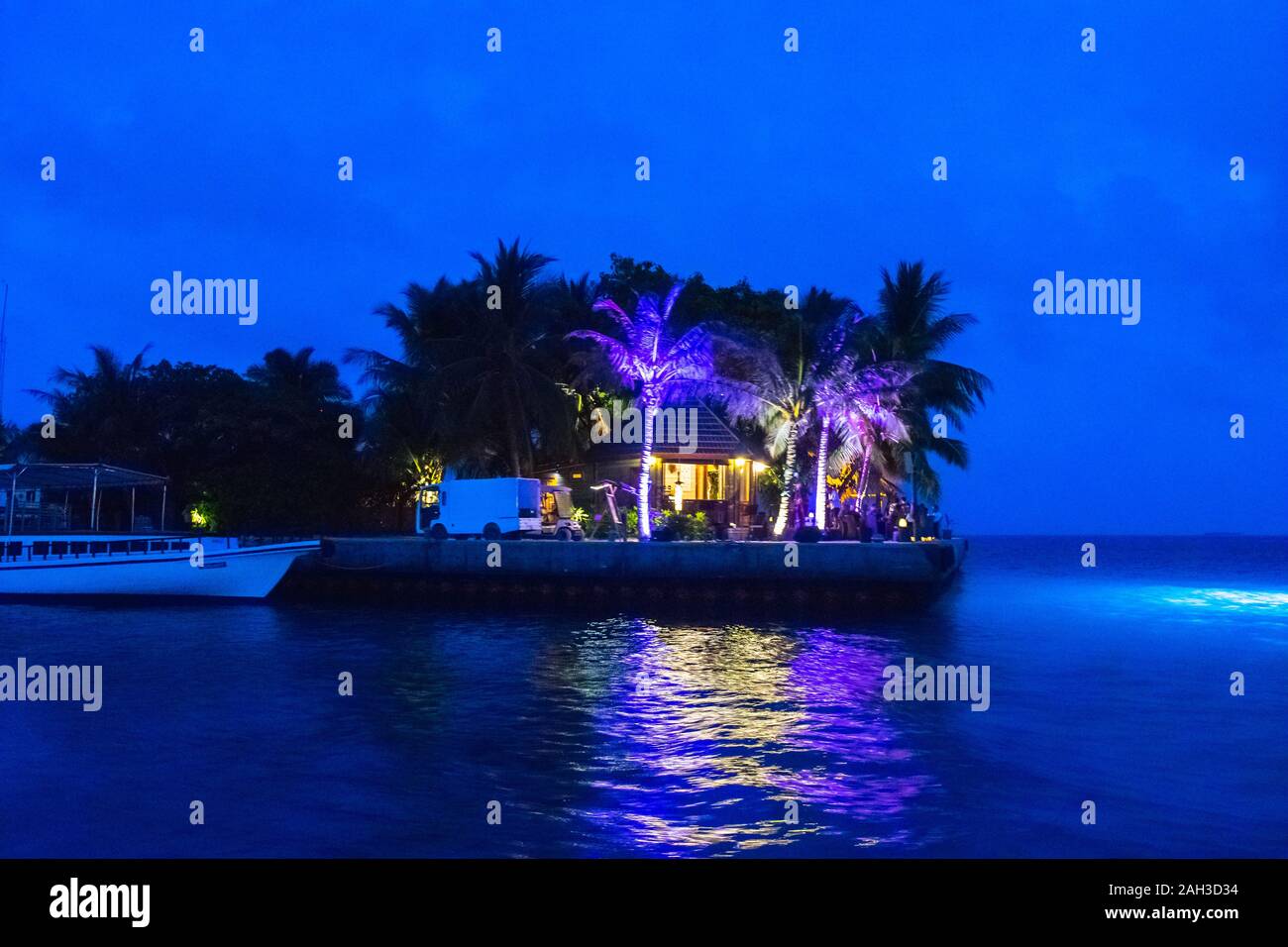Maldives at night from the boat with the turquoise water in the ...