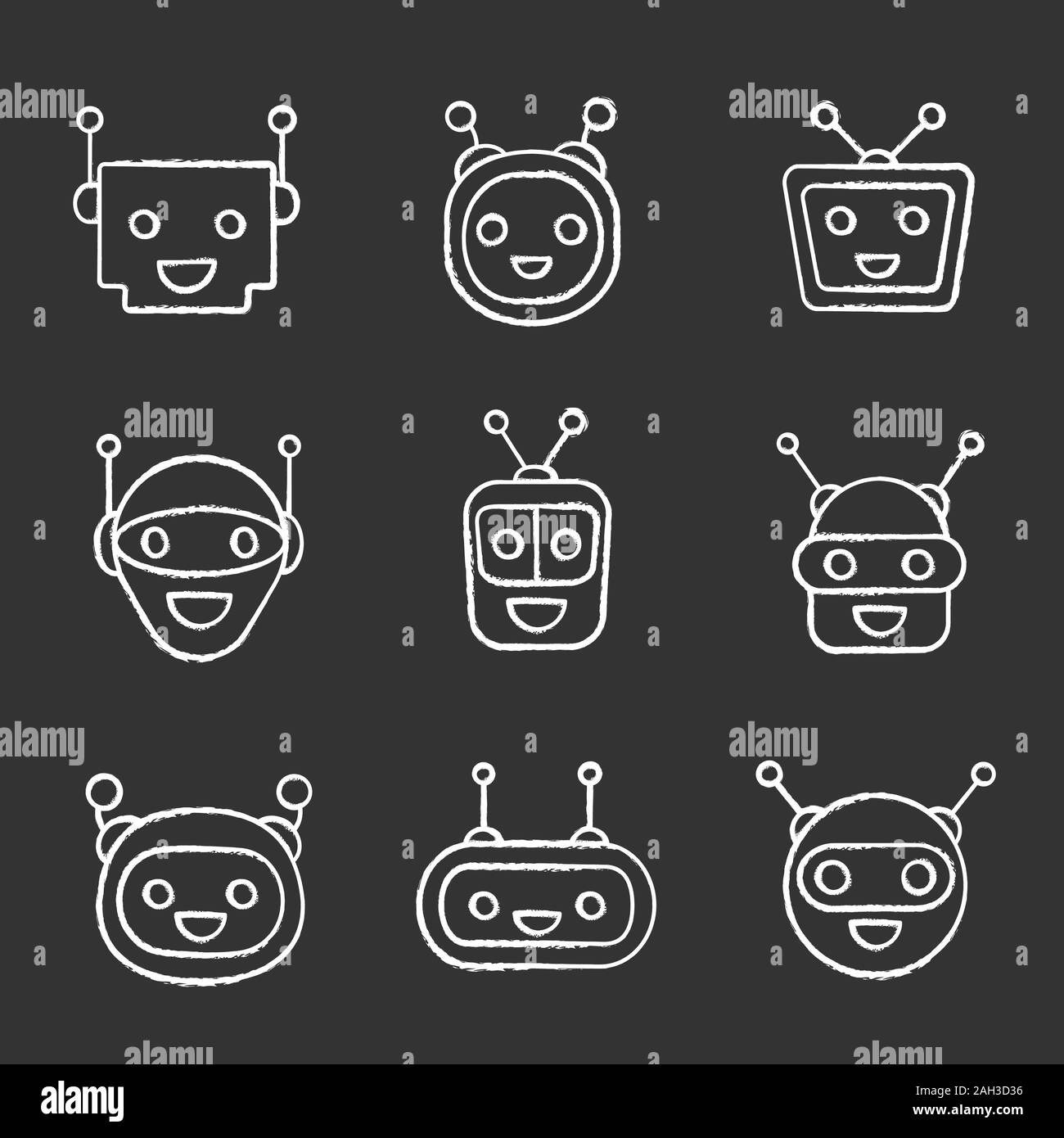 Chatbots chalk icons set. Modern robots emojis. Laughing, happy chat ...