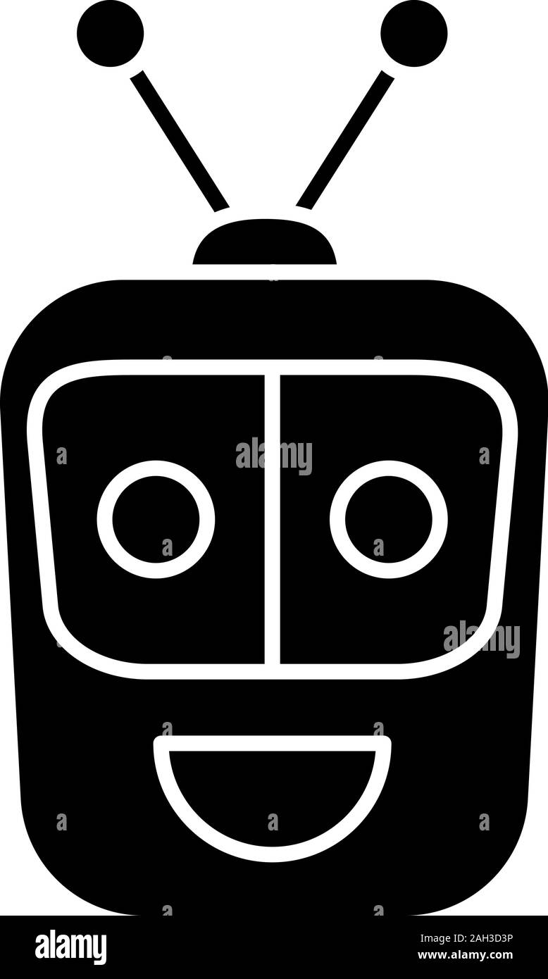 Chatbot glyph icon. Silhouette symbol. Talkbot. Modern robot. Square head laughing chat bot ...
