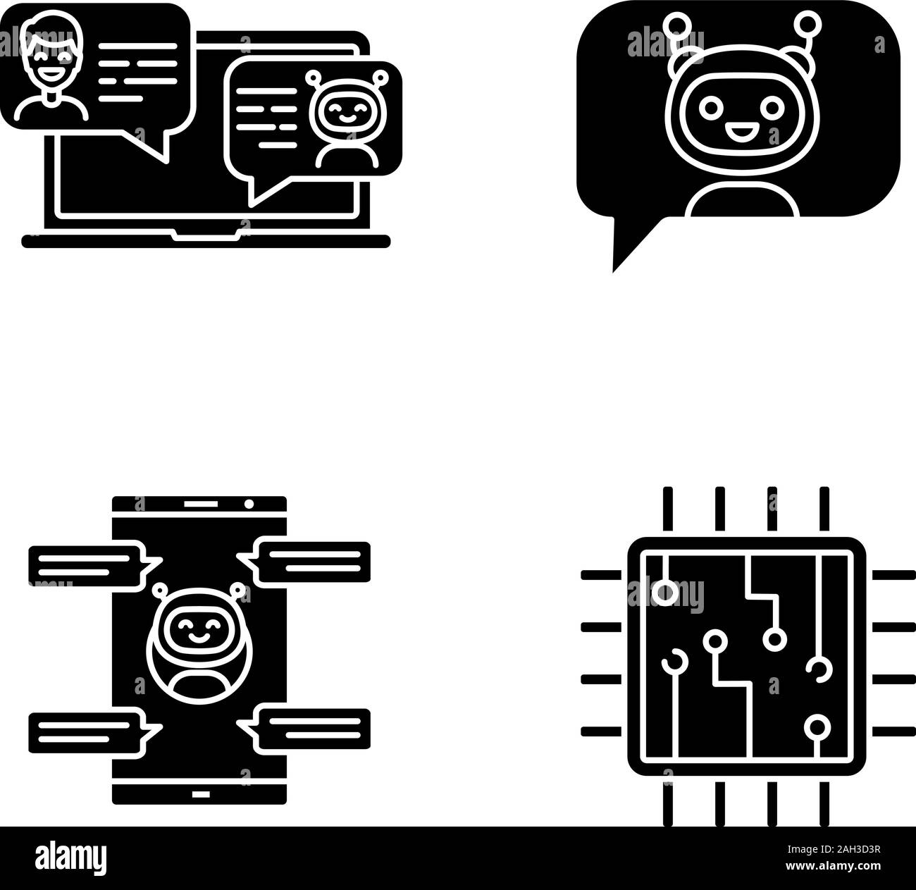 Chatbots glyph icons set. Silhouette symbols. Virtual assistants. Messenger and chat bots ...