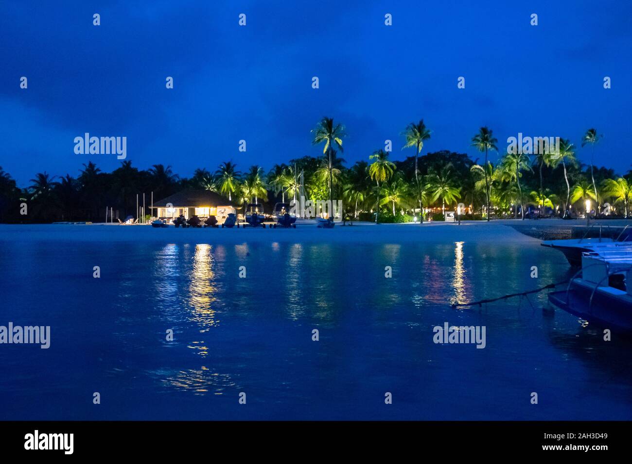 Maldives at night from the boat with the turquoise water in the ...