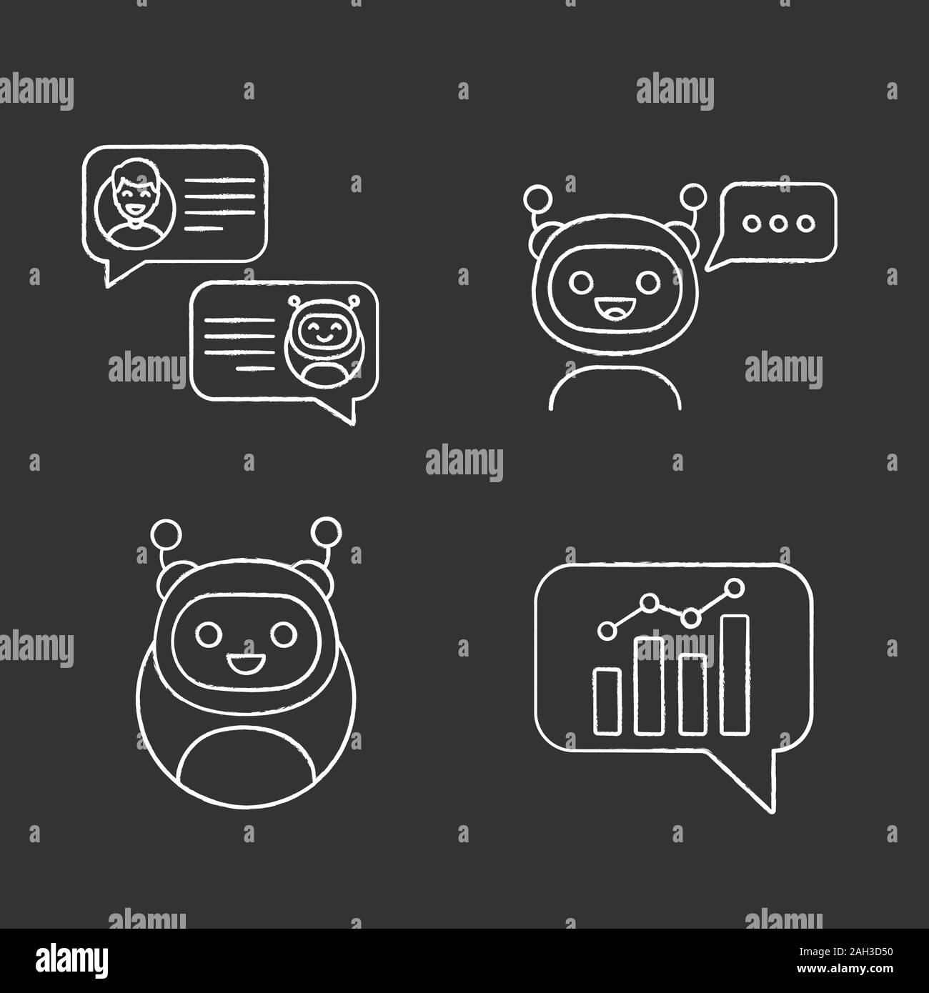 Chatbots chalk icons set. Virtual assistants. Messenger, graph and chat ...