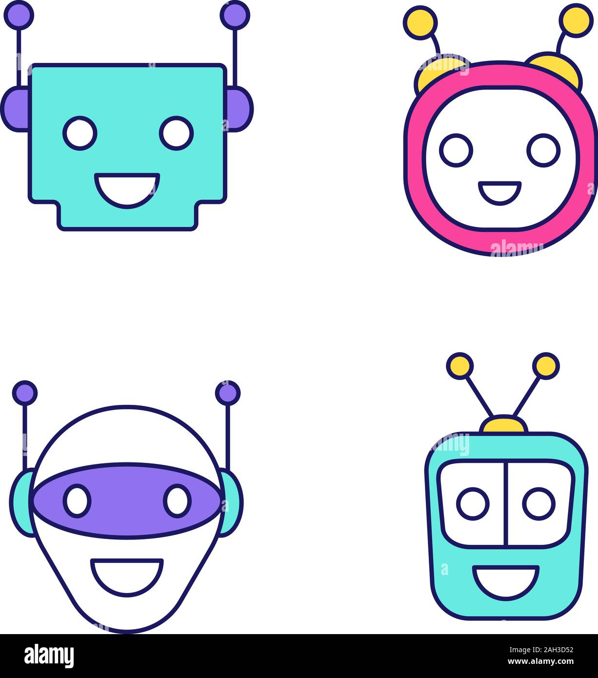 Chatbots color icons set. Talkbots. Laughing virtual assistants ...