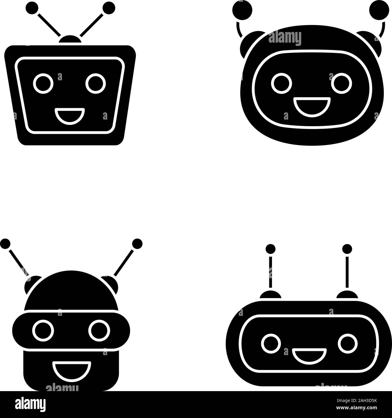Chatbots glyph icons set. Silhouette symbols. Talkbots. Laughing virtual assistants collection ...