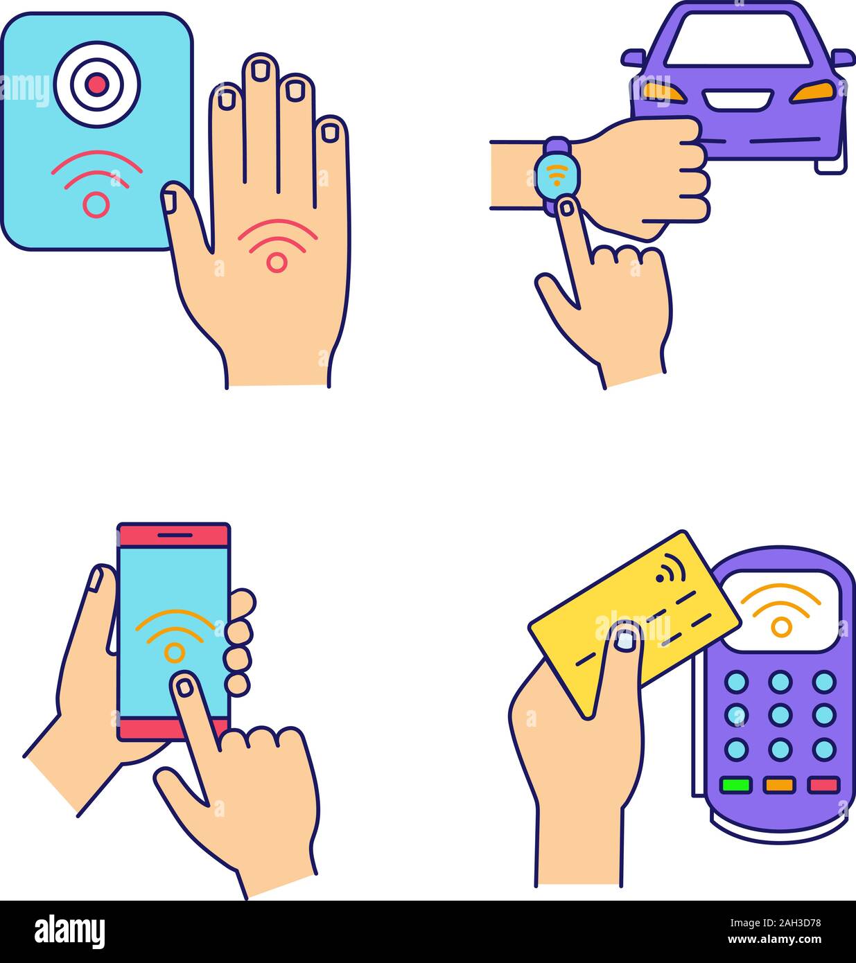 NFC technology color icons set. Near field smartphone, car and bracelet ...