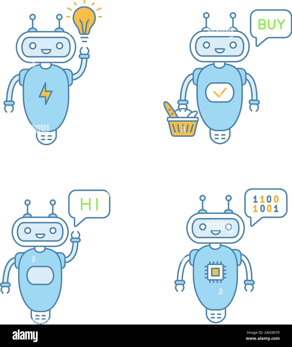Chatbots color icons set. Talkbots. Virtual assistants. New idea, buy ...