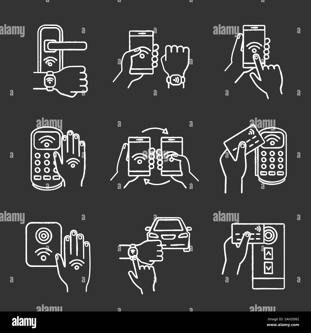 NFC technology chalk icons set. NFC bracelet, door lock, data transfer ...