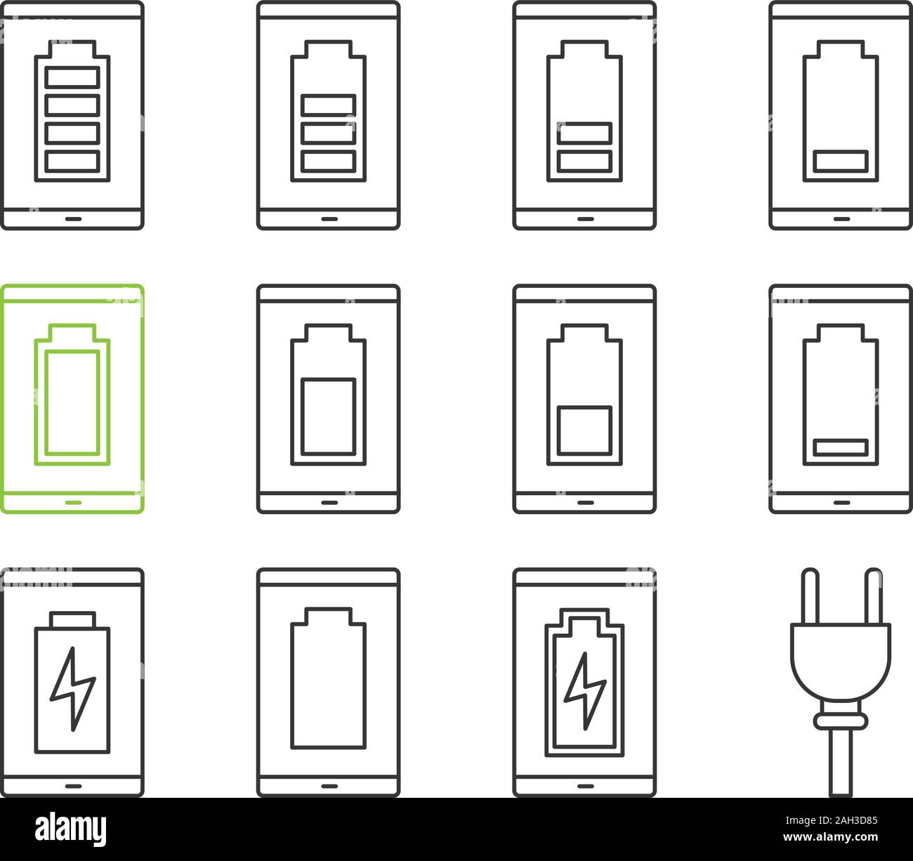 Smartphone battery charging linear icons set. Mobile phone battery ...