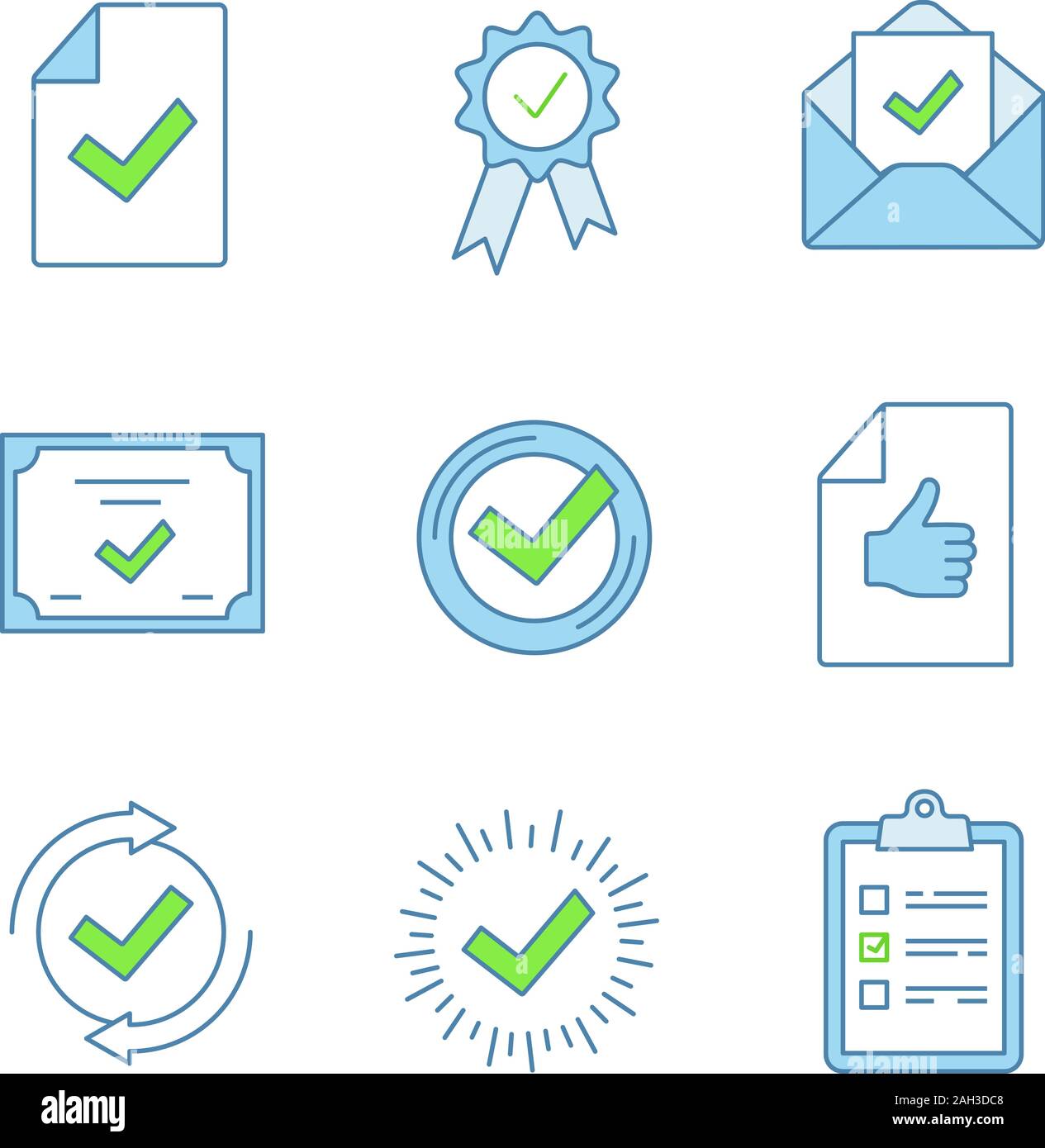 Approve color icons set. Document verification, award medal, email confirmation, certificate ...