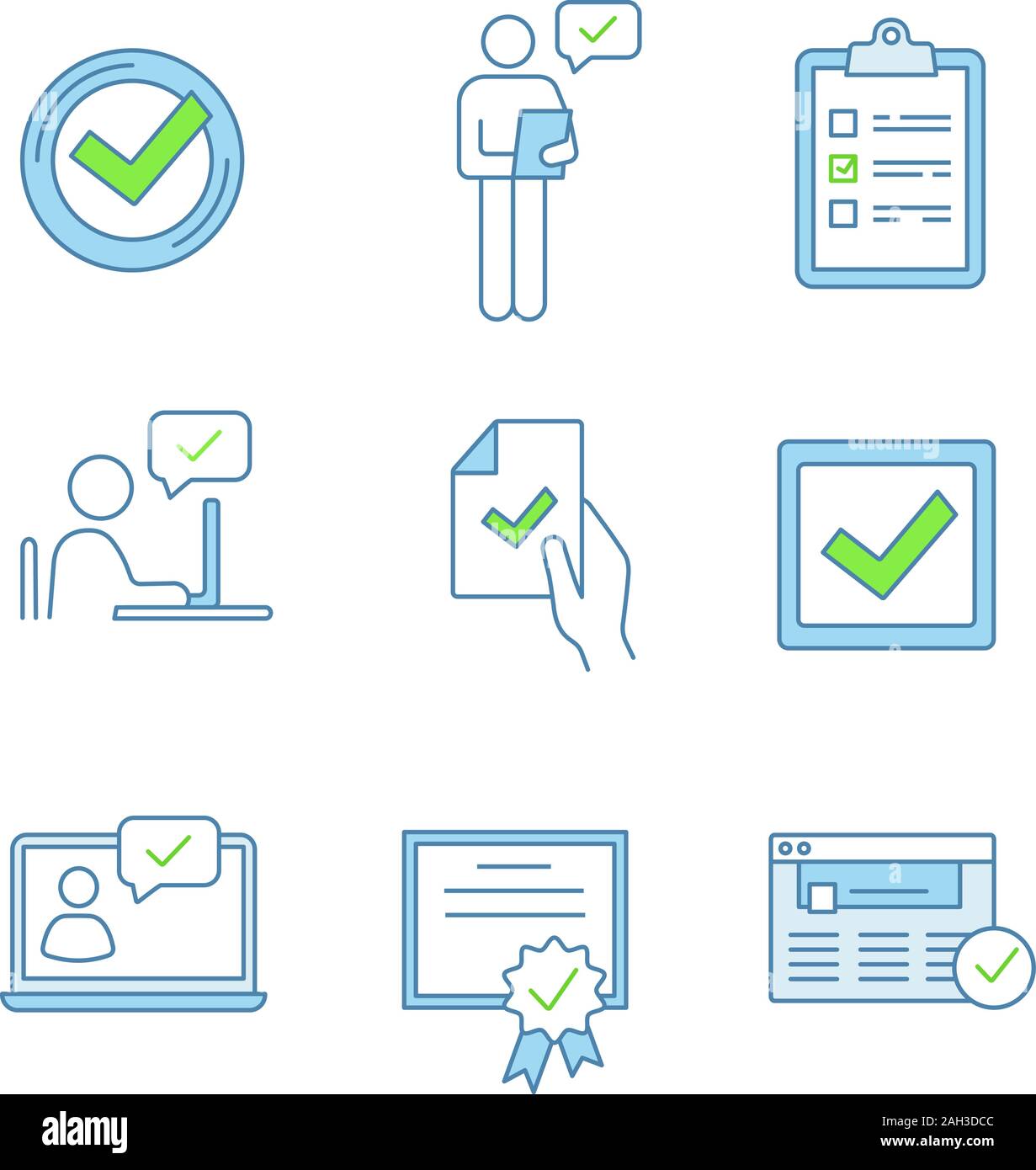 Approve color icons set. Check mark, manager, checklist, approved chat, contract signing ...