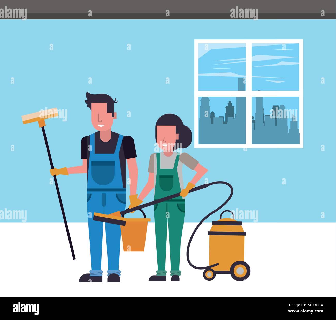 housekepping workers couple with equipment characters Stock Vector ...