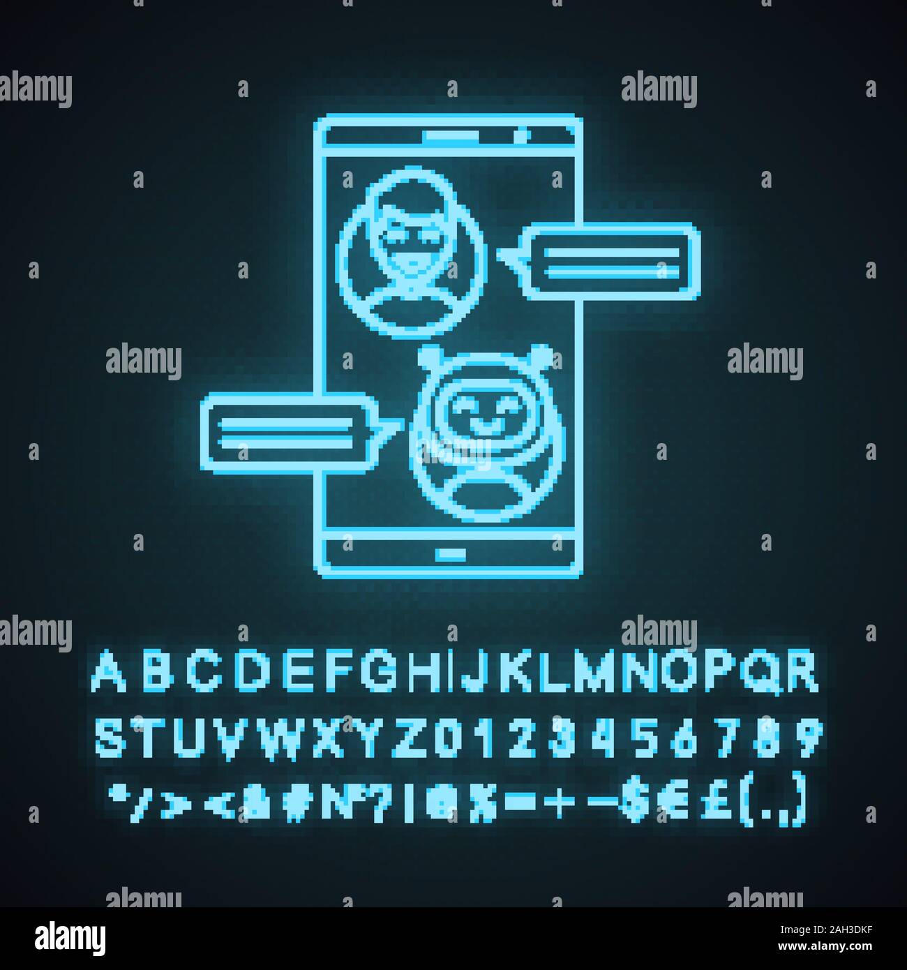 Support chatbot neon light icon. Messenger bot. Modern robot. Virtual assistant. Man chatting ...